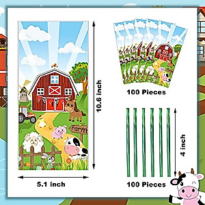100 Pieces Farm Animal Cellophane Bags Farmhouse Party Treat Bag Cow Sheep Pig Printed Candy Goodie Bags with 100 Twist Ties for Birthday Baby Shower Party Favors Chocolate Snacks Cookies Packaging