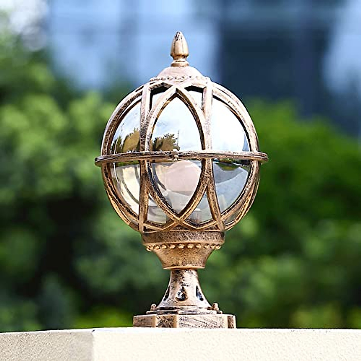 JSBDPHW European Style E27 Pillar Lamp Outdoor Post Light Fixture Creative Spherical Column Light Glass Lampshade Waterproof IP55 Villa Garden Decoration Landscape Light