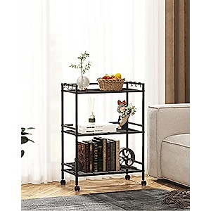 Hzuaneri 3-Tier Storage Racks - with 4 Wheels, Metal Industrial Standing Shelf Units with 6 Hooks, for Kitchen, Living Room, Bathroom, Entryway, Easy Assembly, Black SS02801B