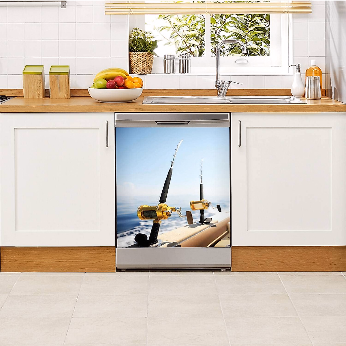 Dishwasher Magnet Cover Ocean Fishing Reel on Boat Magnetic Refrigerator Stickers Decorative Appliance Cover Fridge Panels Metal Door Garage 23"Wx26"H