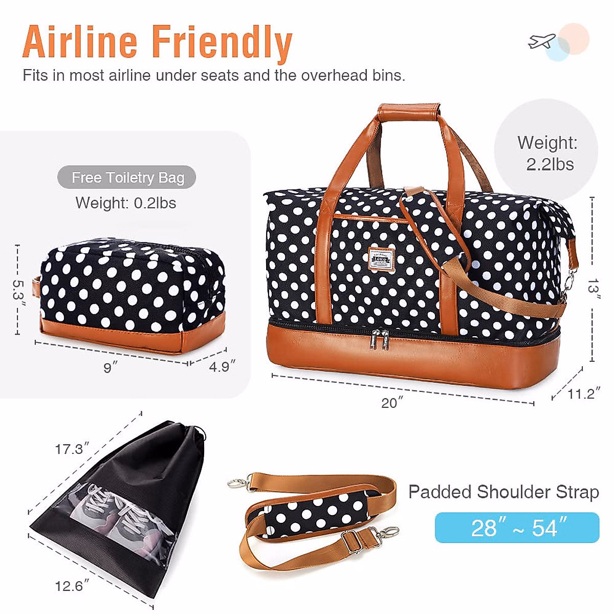 Lekebobor Polka Dot Overnight Bag for Women Weekender Bag with Shoes Bags Shoes Compartment Toiletry Bag,Travel Duffle Bag for Women Large Holdall Travel Weekend Bag 35L White Dots