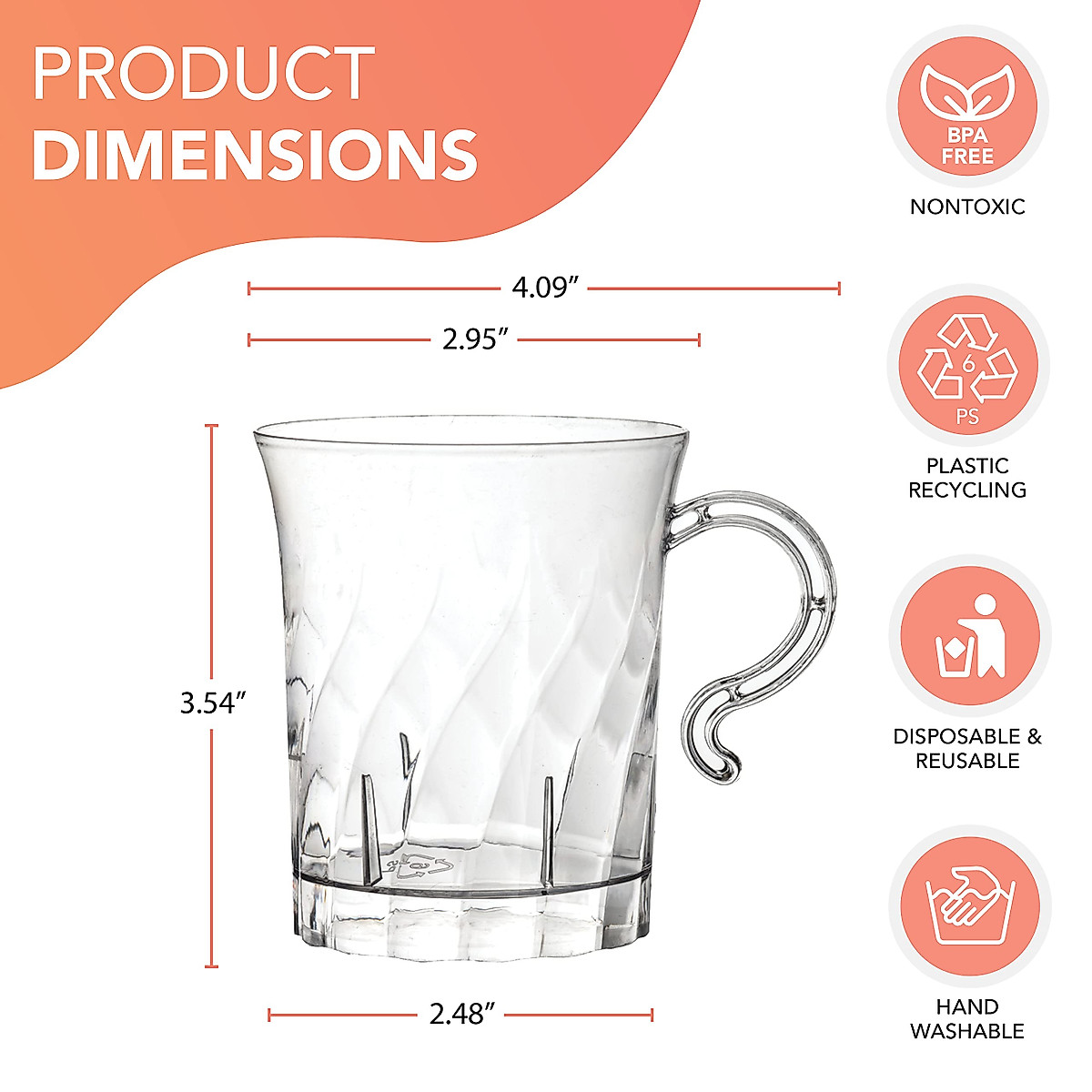 Party Essentials Elegance Plastic Coffee Cup/Tea Mug/Punch Cup w/Handle, 40 Count, 8-Ounce, Clear