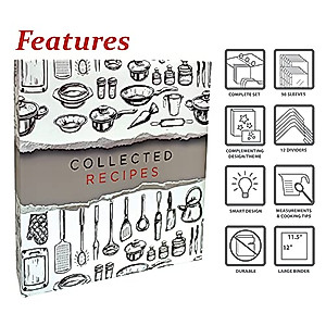 Recipe Binder, Full Page 3 Ring Standard Binder Organizer Set (with 50 Page Protectors & 12 Category Divider Tabs) by Better Kitchen Products, 11.5" x 12" Sleek Kitchen Design