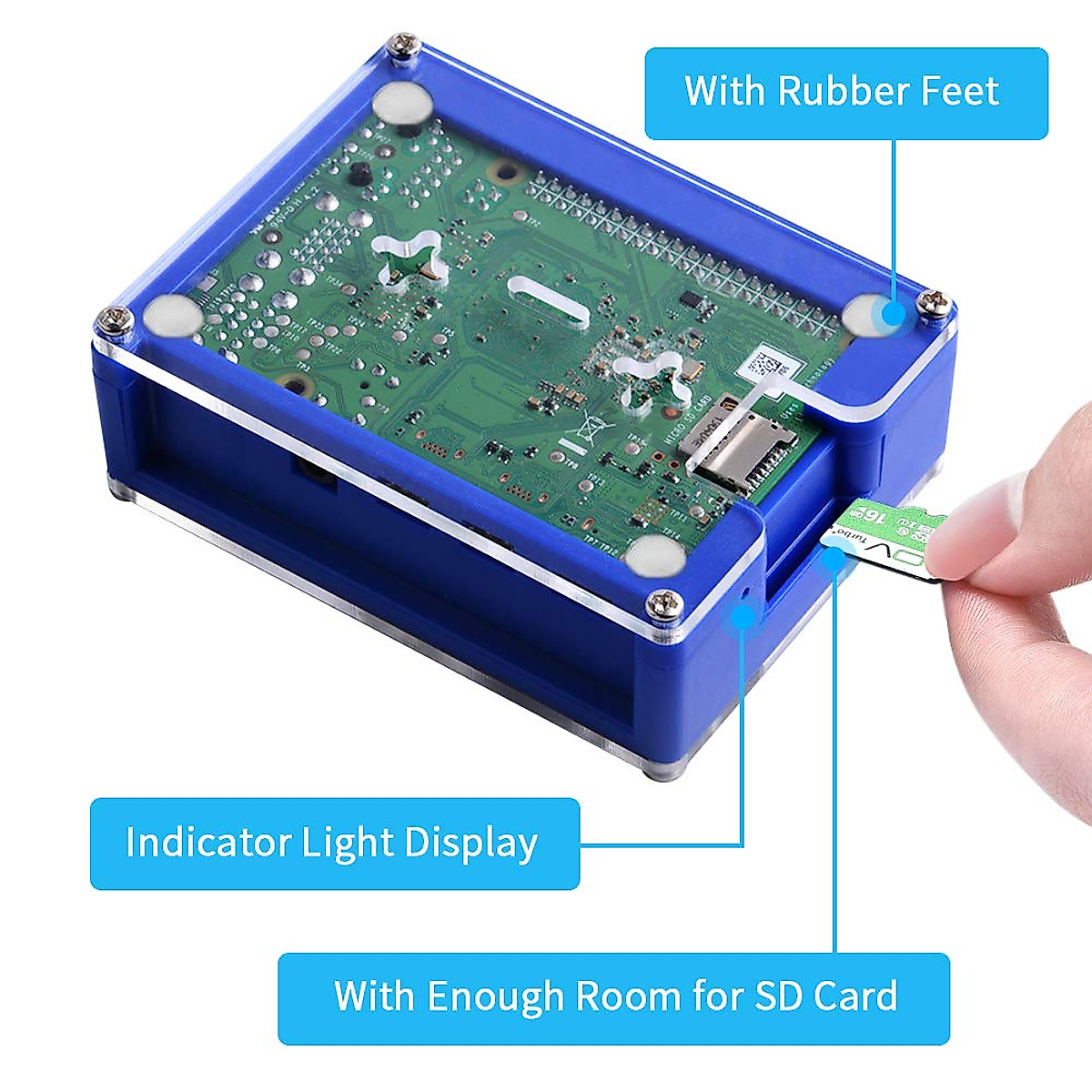 GeeekPi Case for Raspberry Pi 4, Pi 4 Case with Fan 40X40X10mm (Blue Backlight) and 4pcs Aluminum Heatsinks for Raspberry Pi 4 Model B (Blue&Clear)