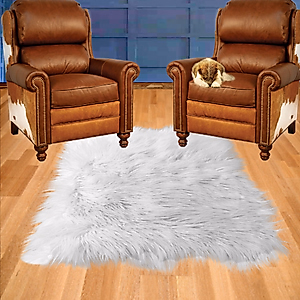 Fur Accents Luxury, Icelandic Sheepskin, Faux Fur Rectangle Area Rug - Natural Look and Feel - Long Hair Shag - Pelt Rug - Designer Art Rugs Handmade to Order USA (5'x6', White)