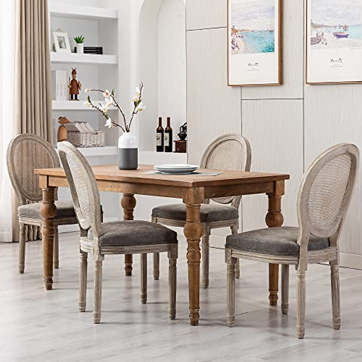 DM Furniture Farmhouse Leather Dining Room Chairs Set of 4 French Dining Chairs with Round Rattan Back French Bistro Chairs for Dining Room/Living Room/Kitchen/Restaurant, Black