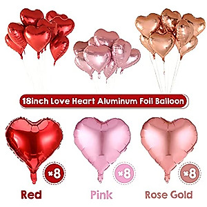 Golray 24pcs Heart Foil Balloons Love Red Pink Gold Rose 18 Inch Mylar Balloon for Valentine Day Decorations Backdrop Balloons Wall Romantic Night Proposal Wedding Anniversary Valentine Party Decor