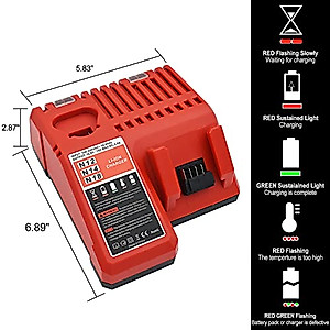 WORTHMAH 2 Pack 18V M18 Lithium Batteries Replacement for Milwaukee M18 Battery with 1 Battery Charger for Milwaukee M-12/M-18 Battery