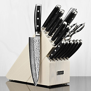 Enso HD 16 Piece Knife Set - Made in Japan - VG10 Hammered Damascus Stainless Steel with Gray Ash Block
