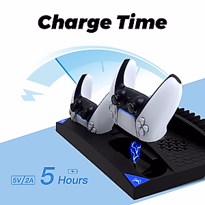 Goluodck PS5 Stand with Suction Cooling Fan and Dual Controller Charger Station for Playstation 5 PS5 Console, Suction Cooler Fan with Charging Dock Station and 12 Games Storage