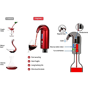 Electric Wine Aerator Pourer, Portable One-Touch Wine Decanter and Wine Dispenser Pump for Red and White Wine Smart Automatic Wine Oxidizer Dispenser USB Rechargeable Spout Pourer (Red)