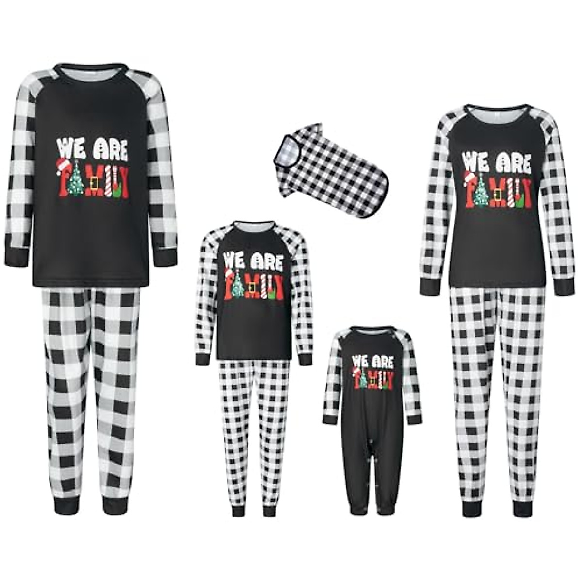 Women Black White Plaid We Are Family Christmas Pjs Matching Sets Xmas Holiday Pajamas for Adult Kids Baby Dog Xmas Family Sleepwear Home Loungewear M