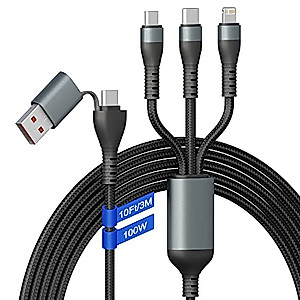 100W USB C to Multi Fast Charging Cable 3M/10Ft [Apple MFi Certified] USB A/C to 3-in-1 Long Charging Cord with Type C +Micro USB +Lightning Connector Universal Charger for Laptop iPhone i-Pad