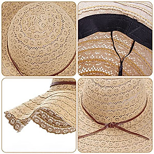 Women Sun Hat Summer Beach Straw Hat Wide Brim Foldable Cap UV UPF 50 Floppy Hat for Outdoor Travel (Khaki)