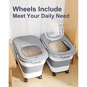 DDMOMMY 20-30Lbs Rice Storage Container,Collapsible Food Storage Containers with Rolling Wheel Airtight Locking Lid,Flour Storage Container with Cup and Scoop,Suitable for Food,Rice,Pet Food,Flour