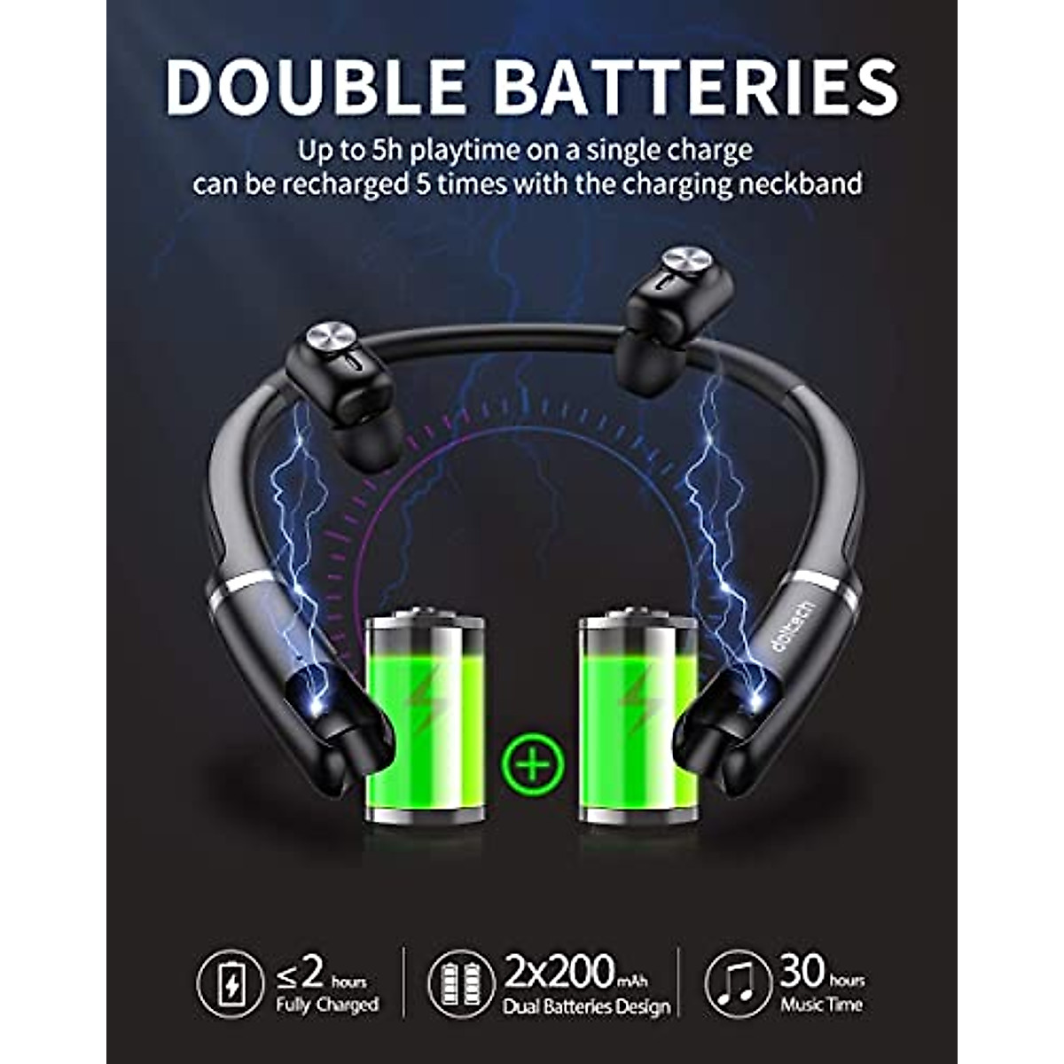DolTech T20 True Wireless Earbuds Bluetooth Headphones, Bluetooth 5.0 Earphones with Charging Neckband, CVC 8.0 Noise Canceling in-Ear Headphones IPX7 Waterproof Headsets with Built-in Mic (Black)