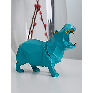 HAUCOZE Hippo Statue Sculpture Modern Decor Home Gifts Animal Figurine Table Centerpiece Crafts Polyresin Arts Blue 7.1inch