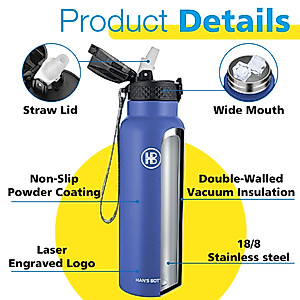 Han's Bottle Sports Water Bottle - 24 Oz, Straw Lid, Leak Proof, Vacuum Insulated Stainless Steel, Double Walled, Thermo Mug,Navy Blue