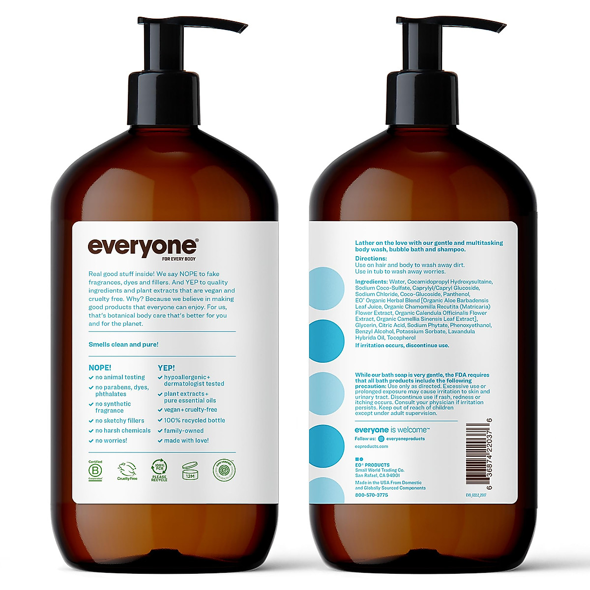Everyone 3-in-1 Soap, Body Wash, Bubble Bath, Shampoo, 32 Ounce (Pack of 2), Unscented, Coconut Cleanser with Plant Extracts and Pure Essential Oils