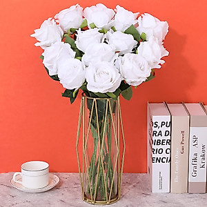 Cloudecor 15Pcs Artificial Roses Velet Real Touch Single Stem Fake Roses Silk Realistic Bouquet Flowers Arrangements Home Office Garden Grave Party Wedding Decoration(Pure White-15p, Blossom Roses)