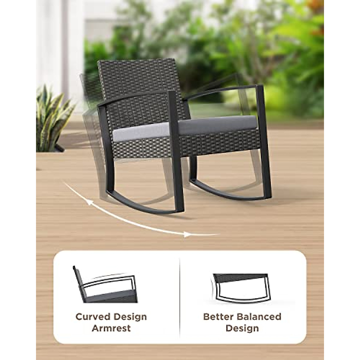 Aiho 3 Pieces Patio Furniture Set, Outdoor Wicker Bistro Rocking Chair Sets with Cushion, Porch Furniture Set with Glass Table, Modern Rattan Conversation Sets for Porches and Balcony (Grey Cushion)