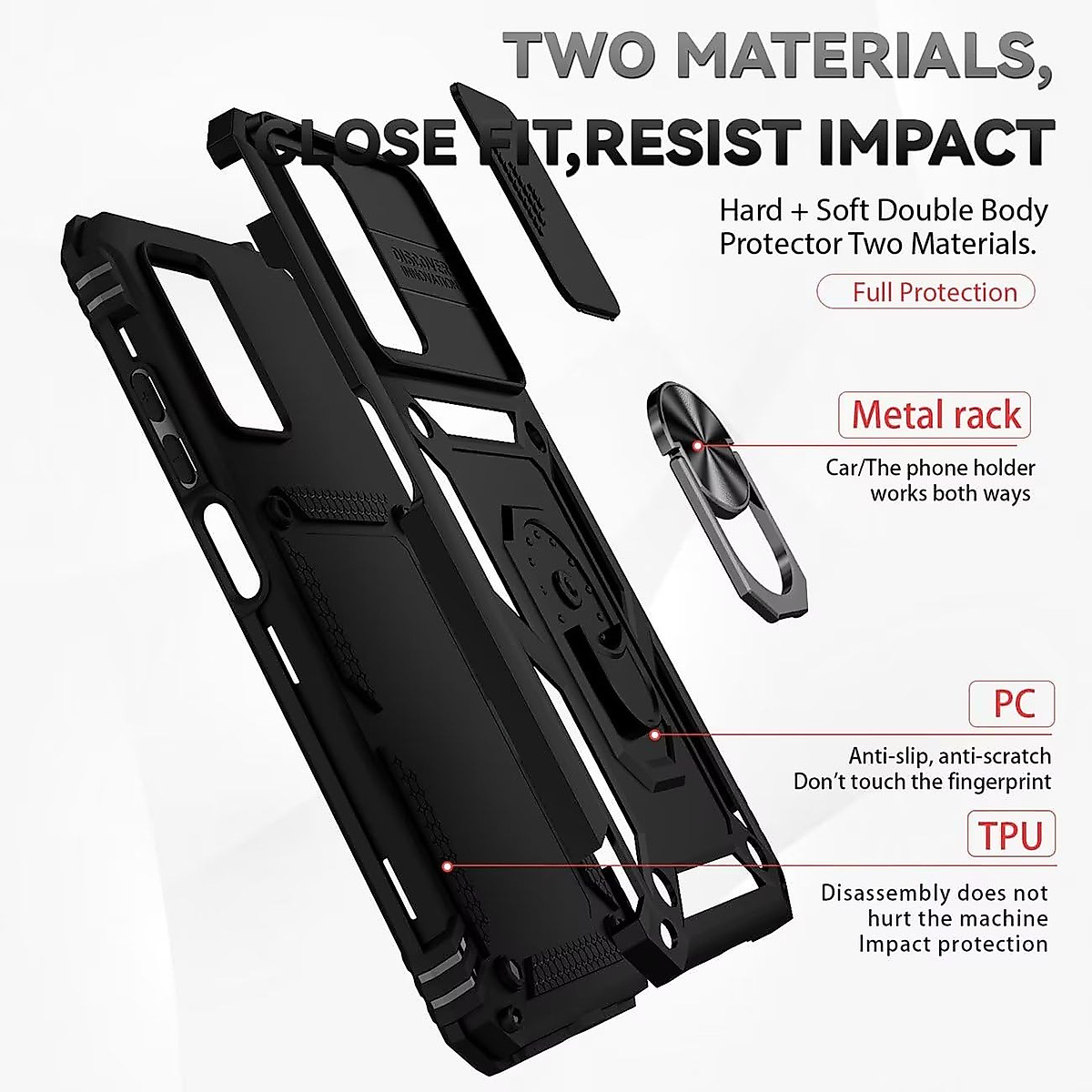 Yodueiv for Redmi 10 (2021/2022)/Redmi 10 Prime Case with Tempered Glass Screen Protector and Slide Camera Cover, Magnetic Ring Car Mount Holder Protective Cover for Xiaomi Redmi 10 2022 Black