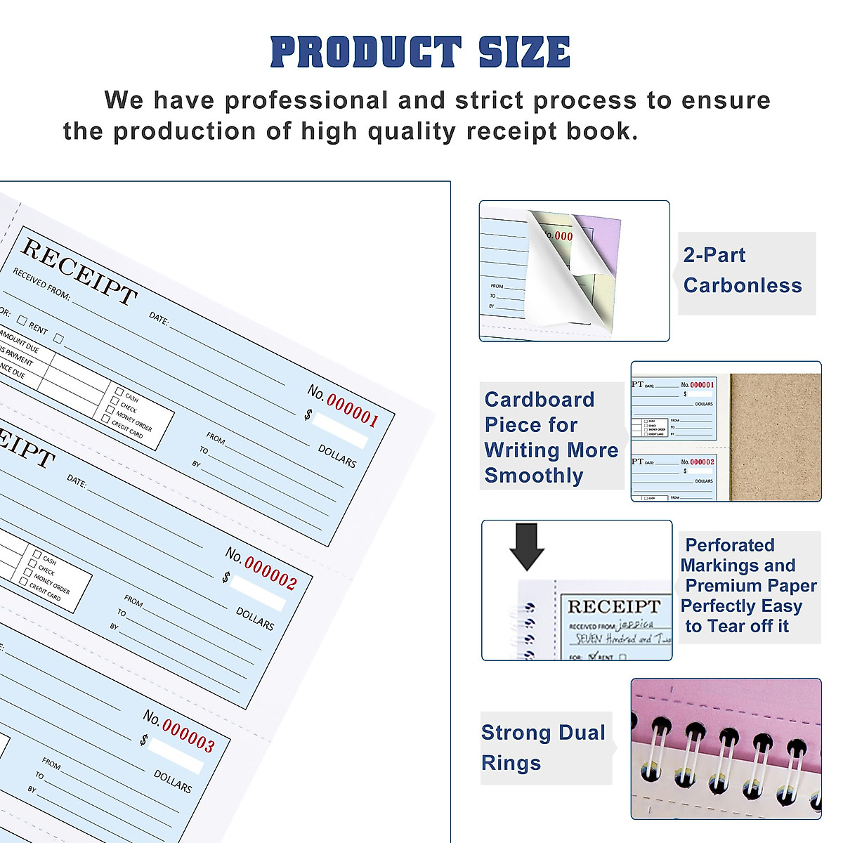 Large Money and Rent Receipt Book with Cardboard Insert,3-Part Carbonless,7.9”x11.2” Spiral Bound,100 Sets per Book,4 Receipts per Page for Office Supplier,Rent and Cash Transaction
