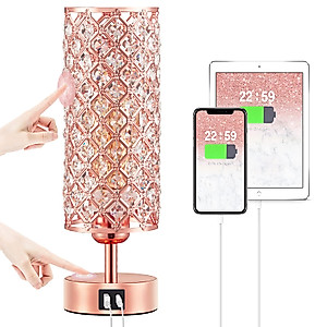 Hong-in Crystal Table Lamp, Rose Gold Lamp with USB Ports, 3 Way Dimmable Light with Crystal Lampshade, Bedside Lamp Small Touch Light for Living Room Bedroom Home, Charge Phone (Bulb Included)