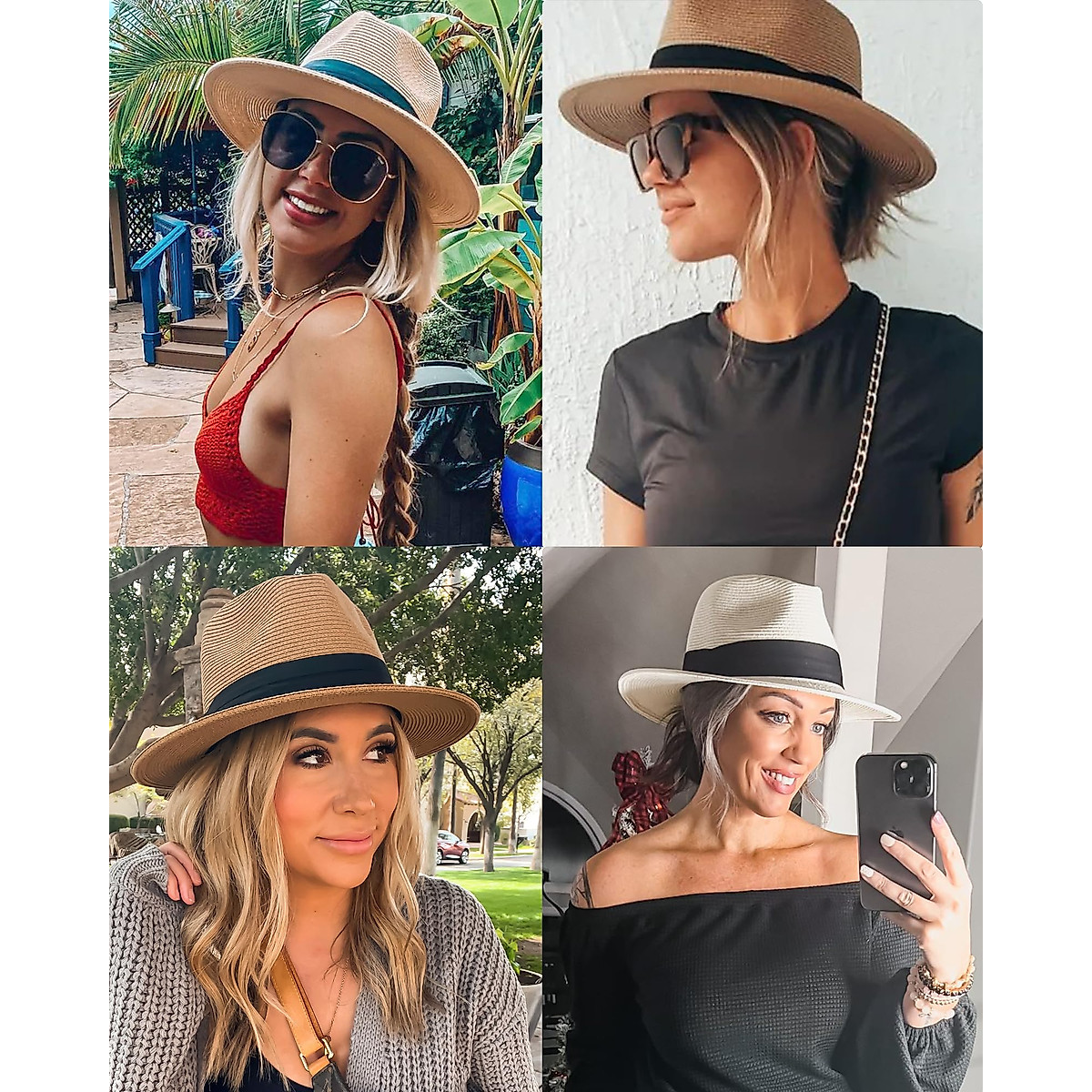 FURTALK Womens Mens Wide Brim Straw Panama Hat Fedora Summer Beach Sun Hat UPF Straw Hat for Women Khaki