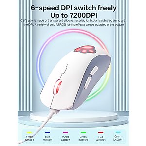 PHNIXGAM Cat Paw RGB Gaming Mouse, Silent Optical Computer Mice USB Wired with 6 Adjustable DPI Up to 7200, RGB Lighting, 6 Programmable Buttons for Windows/Vista/Linux (White)