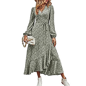 PRETTYGARDEN Women's Bohemian Dress Wrap V Neck Long Sleeve High Split Flowy Ruffle Floral Maxi Dress with Belt (Green, Medium)