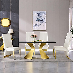 AUZ Gold Dining Table Set for 4, Modern Glass Dining Room Table with 6 White and Gold Dining Chairs, 5 Piece Luxury Dining Set for Kitchen and Dining Room