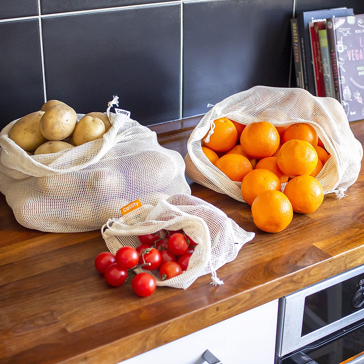 17 Reusable Cotton Mesh Produce Bags - 100% Organic Cotton, Durable, Double Stitched, Washable with Tare Weight & Drawstring - Mesh Bags for Grocery Shopping, Vegetables & Fruits, produce bgs 4 sizes