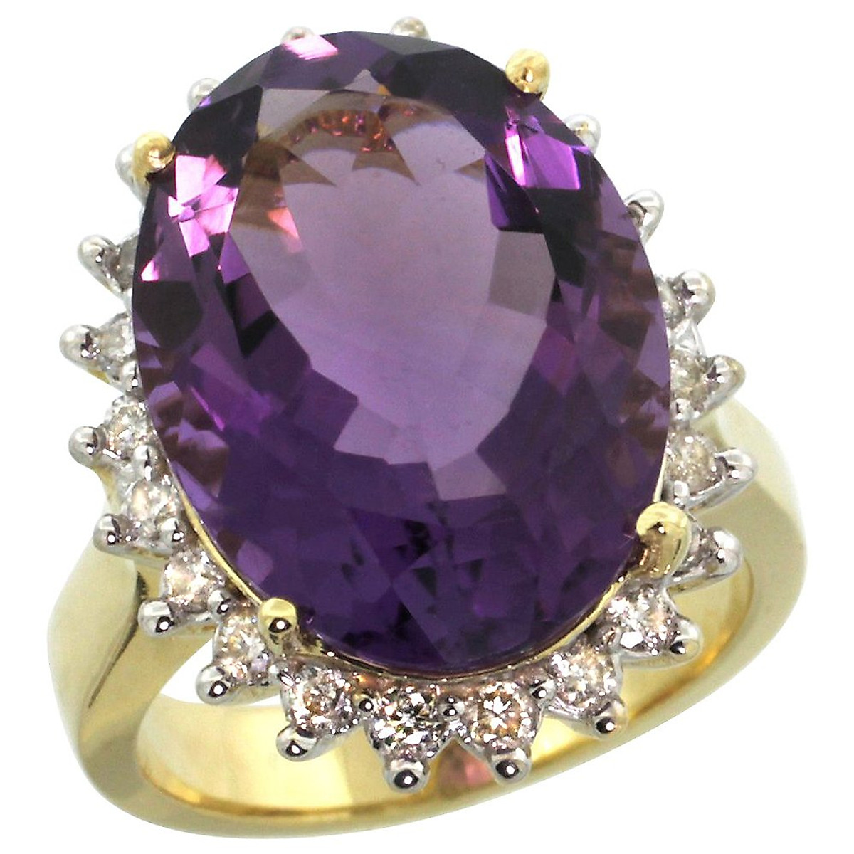 14K Yellow Gold Natural Amethyst Ring Large Oval 18x13mm Diamond Halo, size 8
