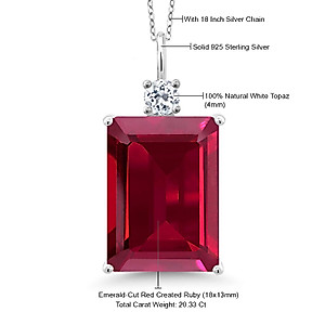 Gem Stone King 925 Sterling Silver Red Created Ruby and White Topaz Pendant Necklace For Women (20.33 Cttw, Emerald Cut 18X13MM, With 18 Inch Silver Chain)