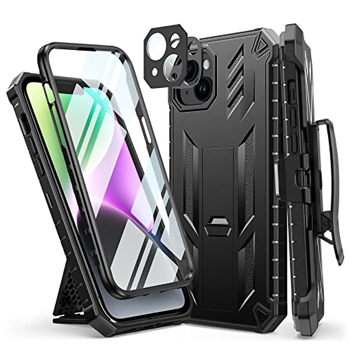 FNTCASE for iPhone 14Plus Phone Case: Rugged Protective Belt Clip Holster Heavy Duty with Built in Kickstand - 360 Protection Shockproof Cover for Apple iPhone 14 Plus Cases, 6.7inch (Matte Black)