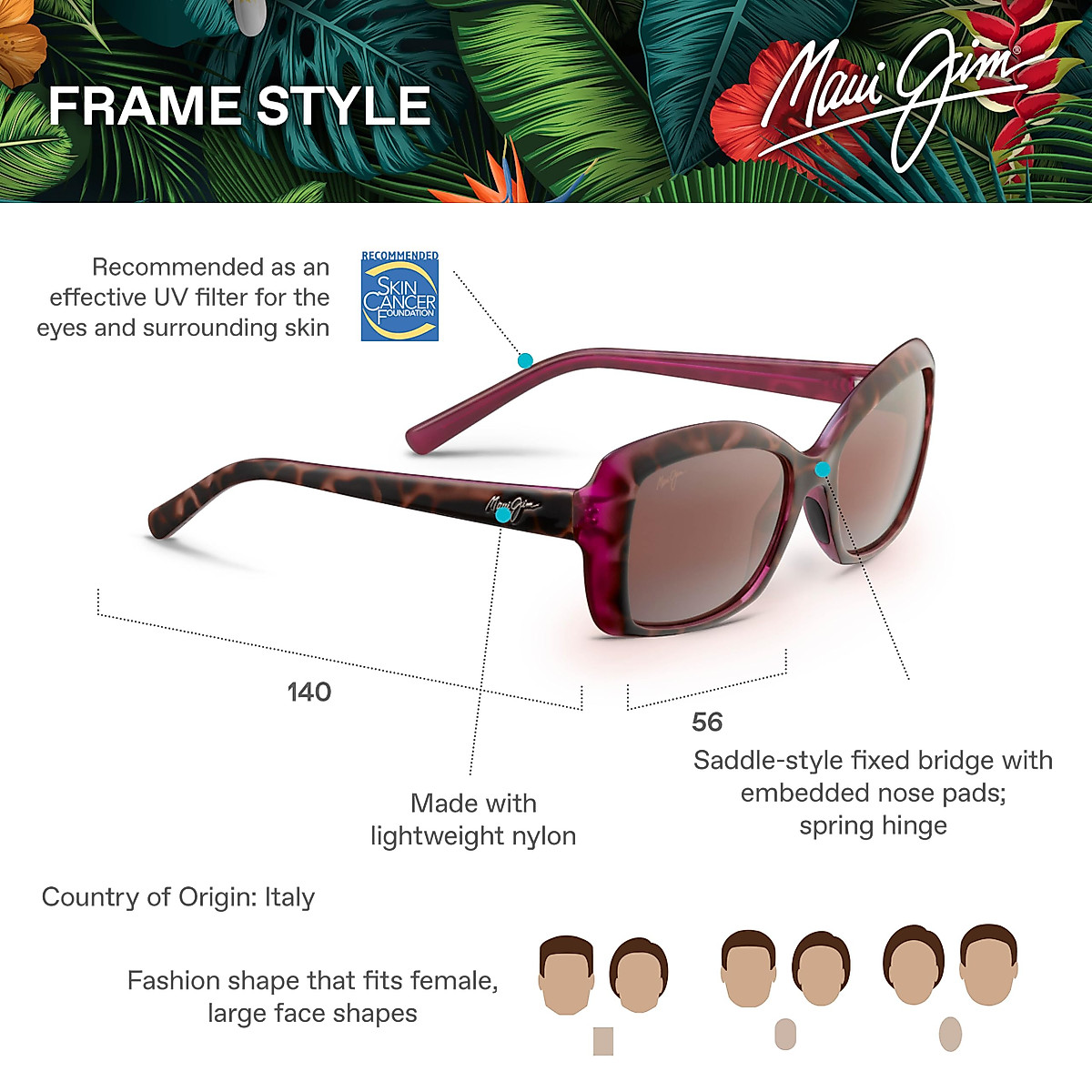Maui Jim Women's Orchid Polarized Fashion Sunglasses, Tortoise w/ Raspberry/Maui Rose®, Medium