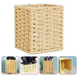 Cabilock Wicker Pencil Holder Nature Rattan Makeup Brush Cup Square Pen Holder Cutlery Silverware Caddy Holder Wicker Storage Basket Woven Flower Pots Desktop Sundries Container Basket