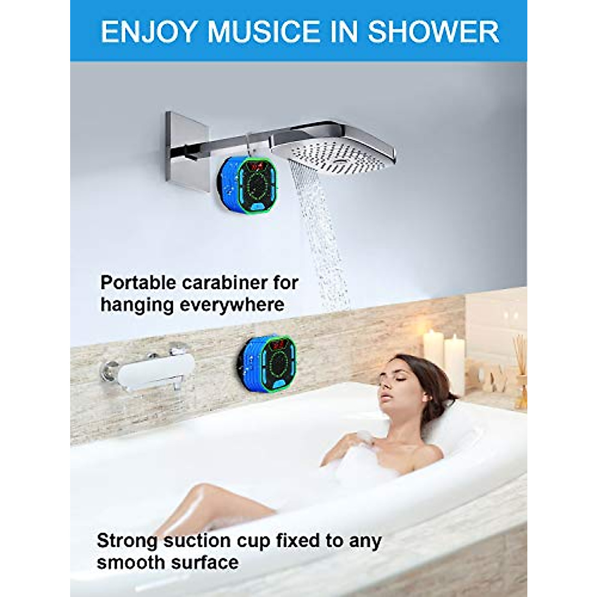 DuoTen Shower Speaker, IPX7 Waterproof Portable Bluetooth Wireless Speaker Shower Radio with Loud Stereo Sound, LED Display, Light Show, Suction Cup, Sturdy Hook for Home, Party, Outdoor, Travel, Pool