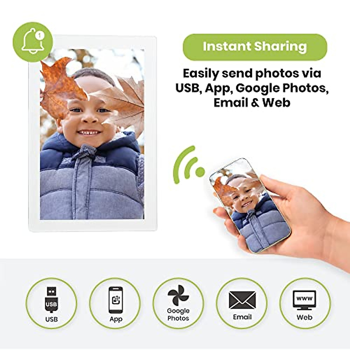 PhotoSpring 10in WiFi Digital Picture Frame, Family Can Send Photos from Anywhere via Email, App, or Web, Easy Touchscreen Setup, 1280x800 Display, Plays Videos, White