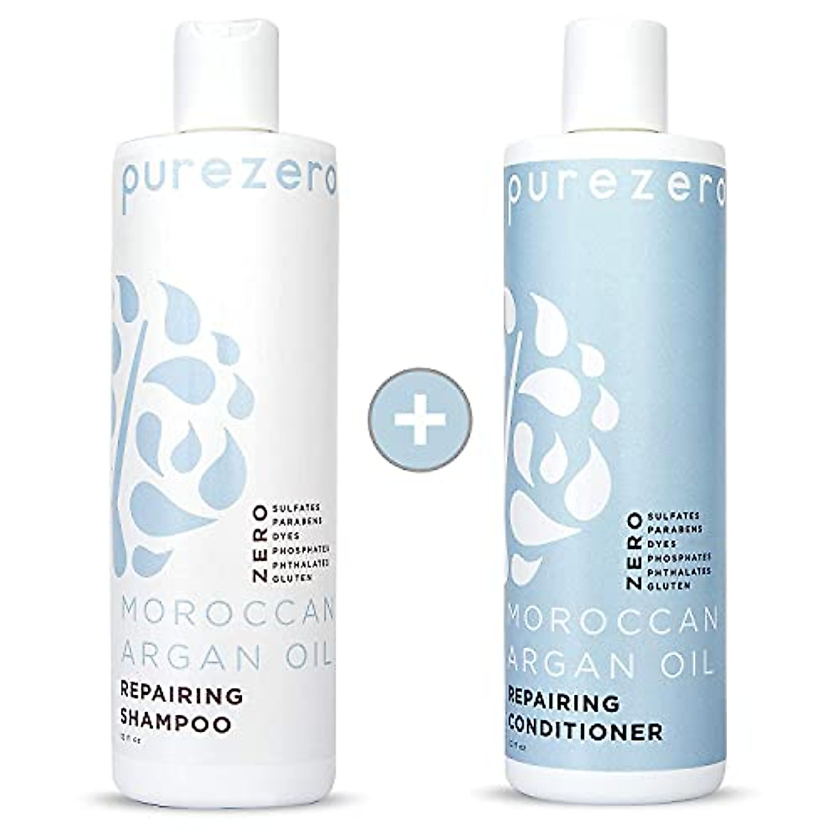 Purezero Moroccan Argan Oil Shampoo & Conditioner set - Repair Damaged Hair - Restore Strength, Shine & Softness - Zero Sulfates, Parabens, Dyes, Gluten - 100% Vegan & Cruelty Free - Great For Color Treated Hair