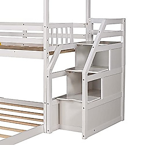 Harper & Bright Designs House Bunk Beds with Slide and Stairs Twin Over Full Bunk Bed Wood Playhouse Low Bunk Bed for Kids Girls Boys Teens, White