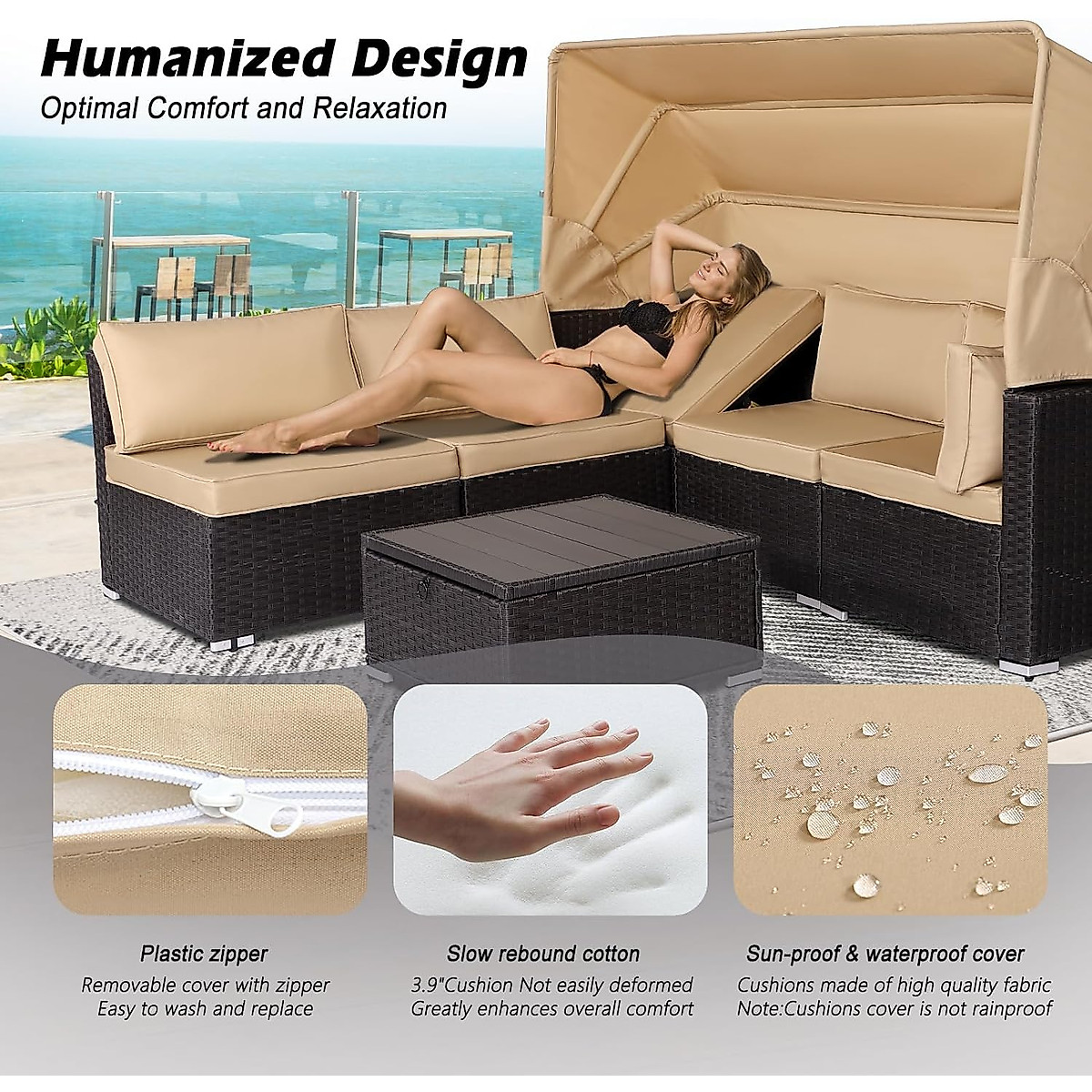 LEISU 6-Piece Outdoor Patio Rattan Daybed Furniture Set with Retractable Canopy, Adjustable Backrest,Holiday Sectional Chaise Longue Sofa Set for Backyard Poolside Garden (Khaki)