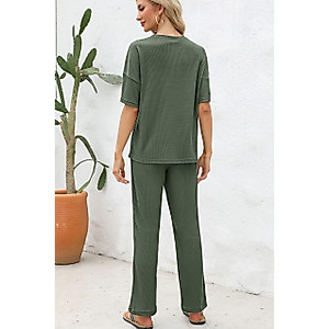 JiniGolla Womens Pajama Sets Waffle Short Sleeve Pj Set Sleepwear Two Piece Loungewear Lounge Sets Green M