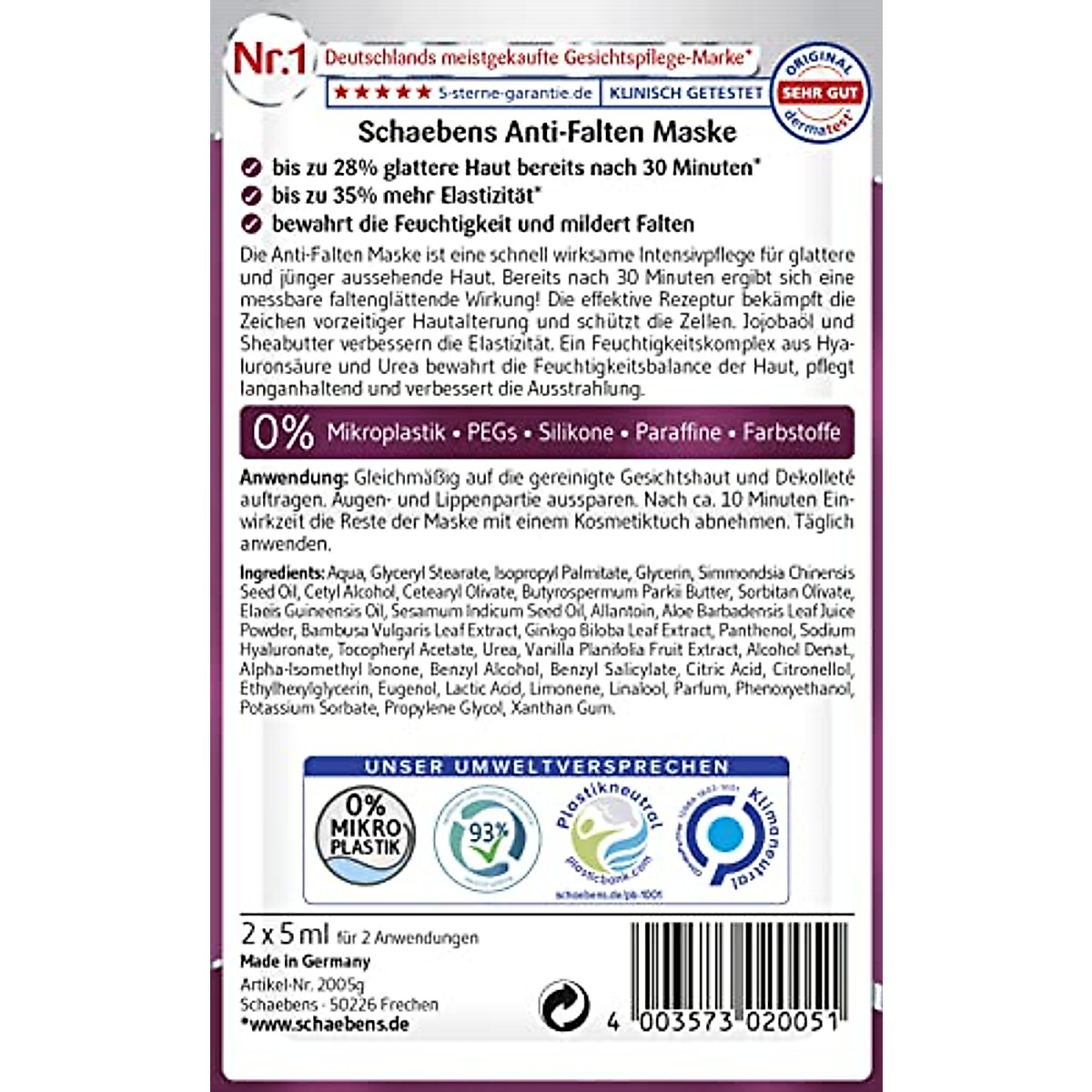 Schaebens Anti-Aging/Anti-Wrinkle Face Mask with hyaluronic acid, jojoba oil and sheabutter- for 20 Applications (Pack of 10 x 2 units. 5 ml per unit)- for all skin types