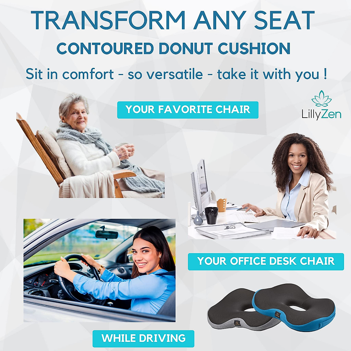 Lillyzen Donut Pillow for Tailbone Pain Relief Memory Foam Seat Cushion Orthopedic Pressure Relief Sitting Coccyx Sciatica Hemorrhoids Pregnancy Postpartum Office Chair Butt Pillows (Black Grey)