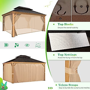 Erinnyees 10' X 12' Aluminum Wood Grain Hardtop Gazebo, Outdoor Aluminum Double Roof with Privacy Curtain and Mosquito Net for Patio, Garden, Lawn Deck (Wood Looking)