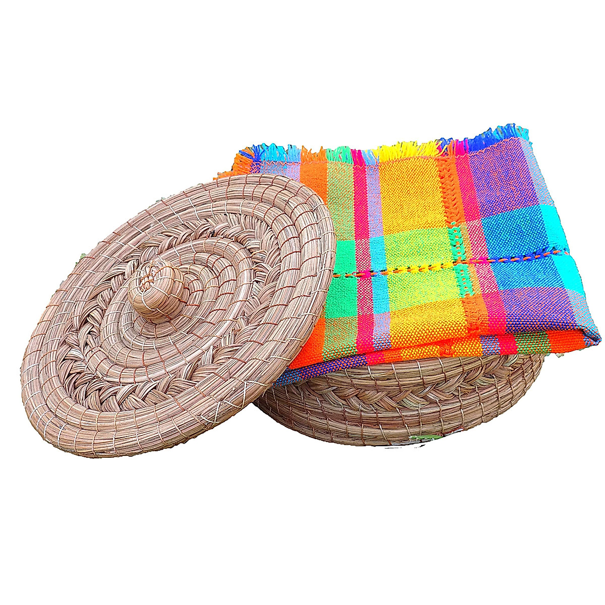 MEXTEQUIL - Authentic Mexican Tortilla Warmer Basket - Pine Needle Handwoven with Handloomed Cloth (Natural 7" w cloth)