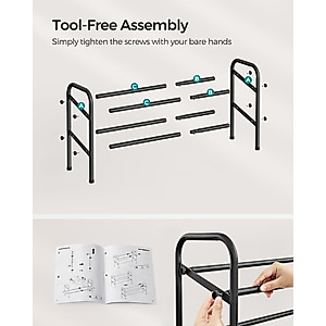SONGMICS Expandable Shoe Rack, 2 Tier Shoe Rack Shelf, Adjustable Shoe Organizer Storage for 15 Pairs of Shoes, Metal Free Standing Shoe Racks for Closet, Front Door Entryway, Easy Assembly, Ink Black