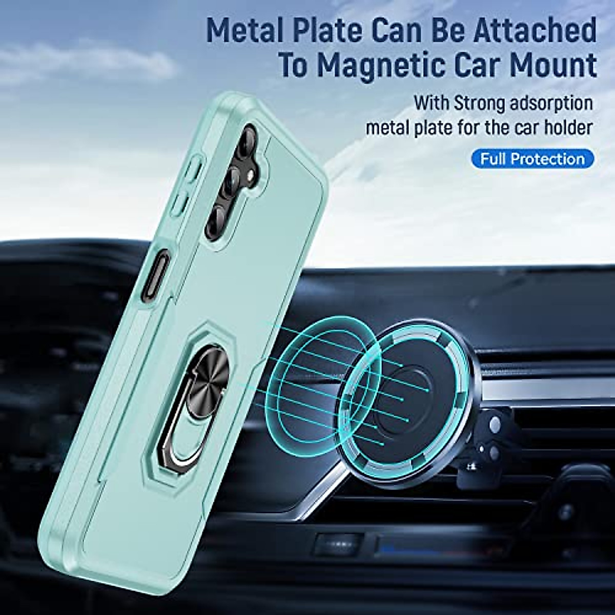 Samsung Galaxy A14 5G Case with Screen Protector, Military Grade Dual Layer Shockproof Heavy Duty Shockproof Full Body Protective Phone Cover, Built in Rotatable Magnetic Ring Holder for A14 (Green)